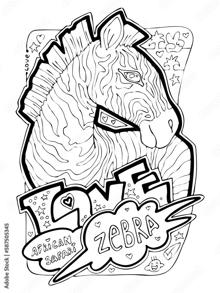 African safari wild animals, colouring page for kids and adults. Hand ...