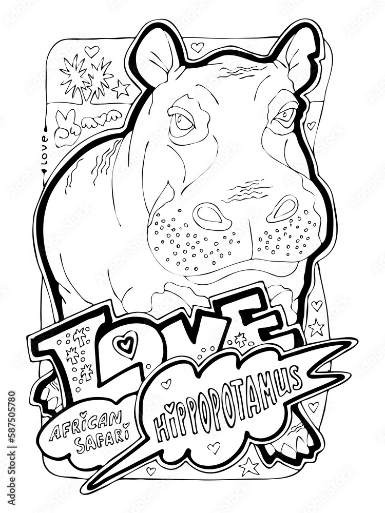 African safari wild animals, colouring page for kids and adults. Hand ...