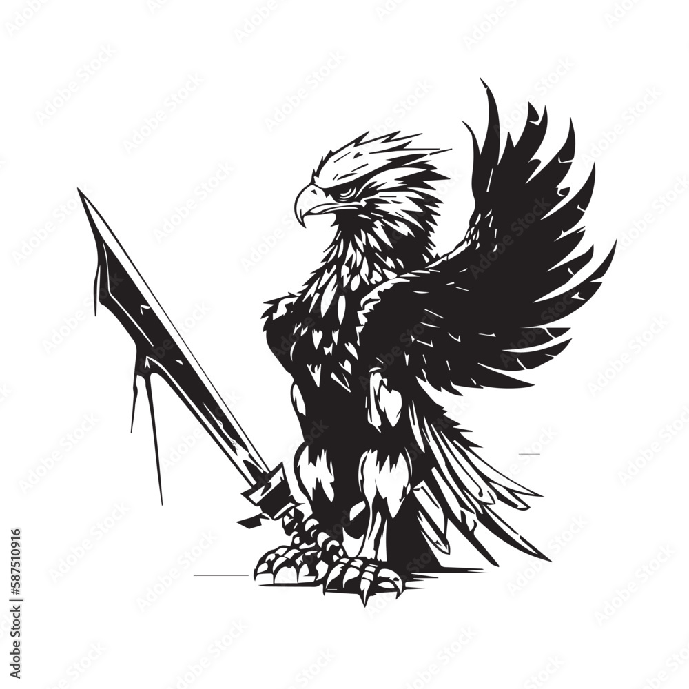 Angry face mascot eagle hawk holding spear sword weapon. black white ...