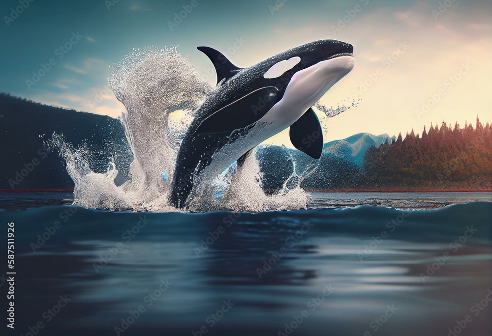 an orca jumping out of the water, a 3D rendering, naturalism, majestic ...