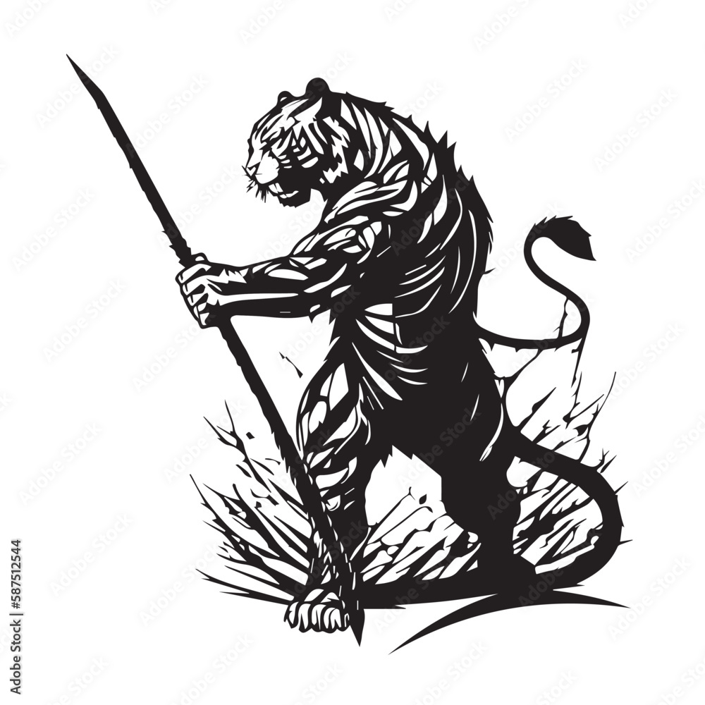 Angry face mascot tiger holding spear sword weapon. black white line ...