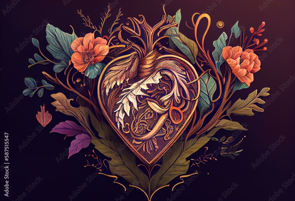 heart with a floral design on it with mucha and art nouveau style ...