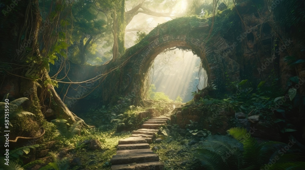 arch in an enchanted fairy forest landscape. Created with Generative AI ...