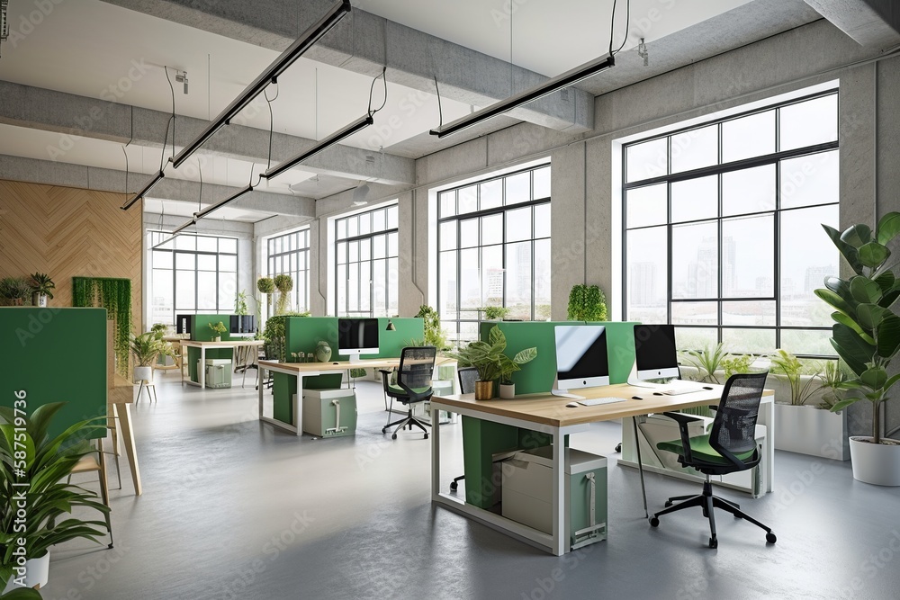 Green open plan office featuring eco-friendly design elements and a ...