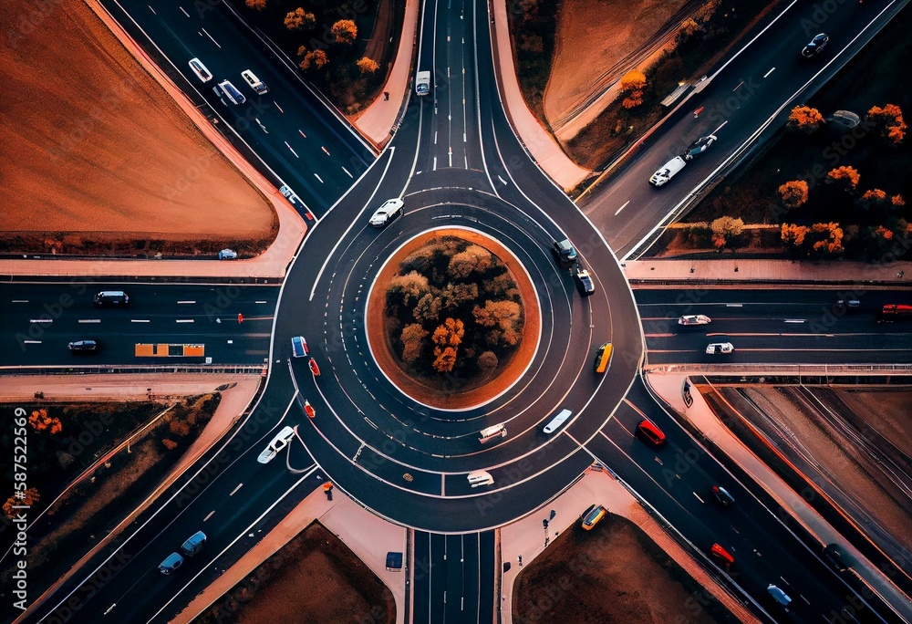 an aerial view of a highway intersection with cars and trucks driving ...
