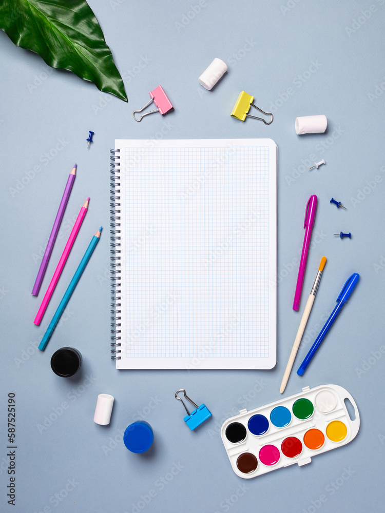 table with open notebook with ballpoint pen, stationery. Business ...