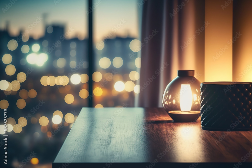 Table-top view of beside table or nightstand on blurred cozy night ...