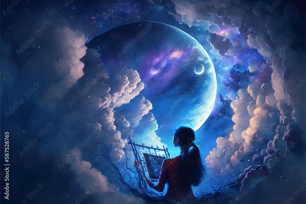 Young girl painting fairytale moonlight and blue sky of the starry ...