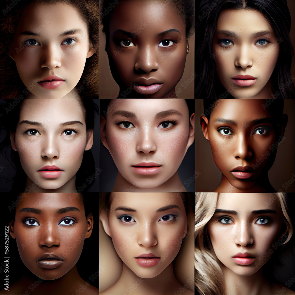 many different women's faces with blue eyes and blonde hair, all ...