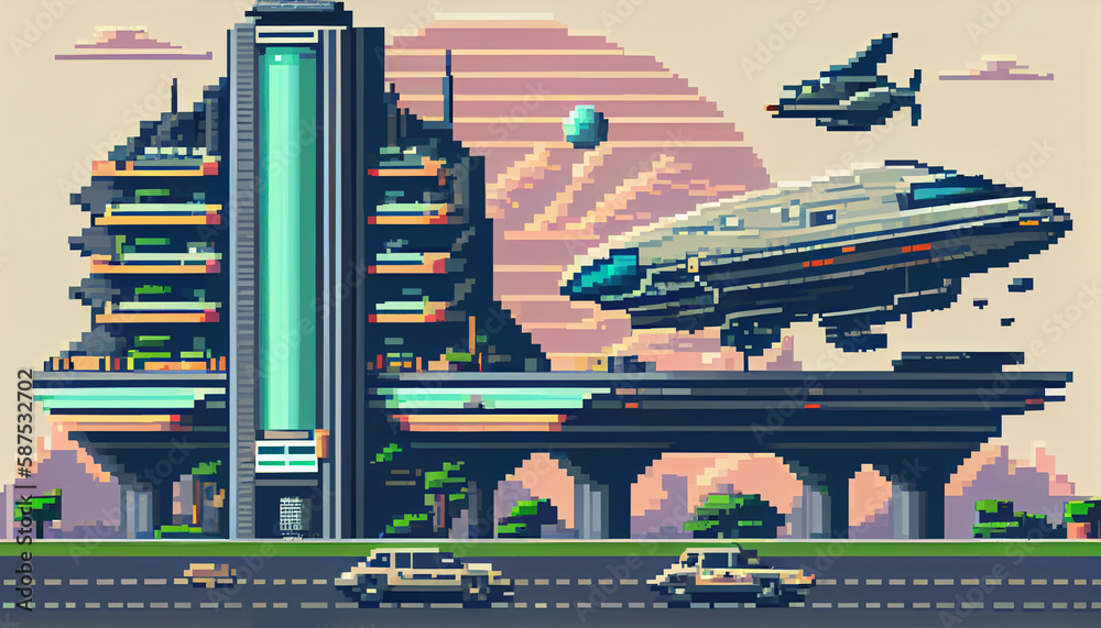 Futuristic city with a monorail and flying cars, pixel art, Generative ...