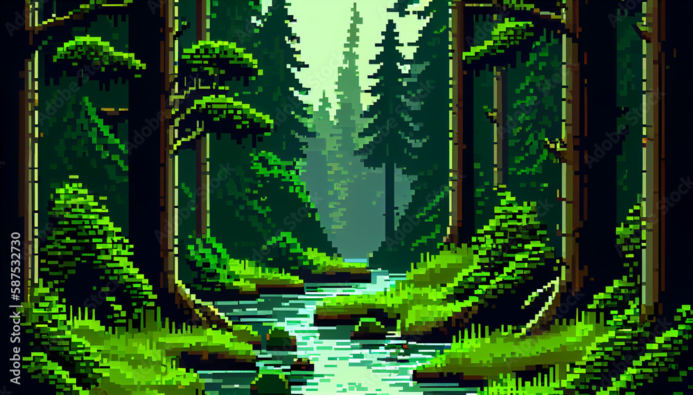 Lush green forest with a babbling brook, pixel art, Generative AI Stock ...
