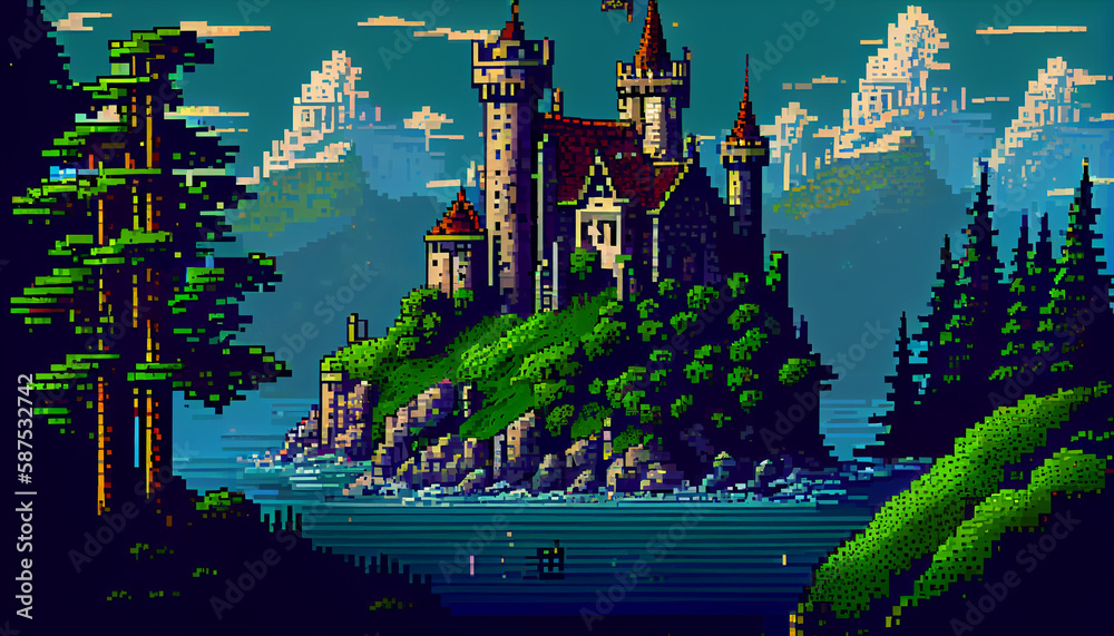 Magical castle on a hilltop overlooking a river, pixel art, Generative ...