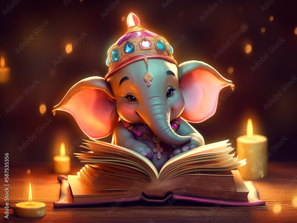 Cute cartoon baby Lord Ganesha reading a big magic book. Abstract ...