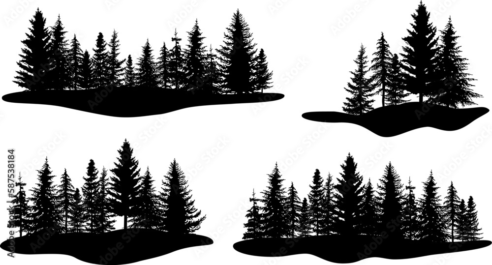 Pine tree vector illustration set. Black silhouette landscape. Stock ...