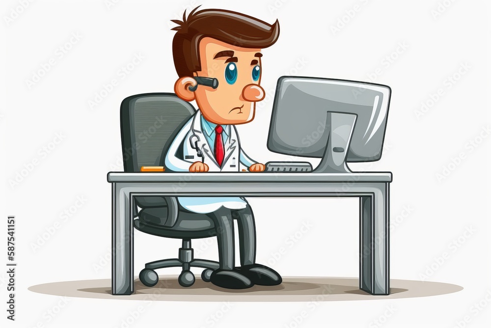 cartoon doctor sitting in front of computer Stock Illustration | Adobe ...