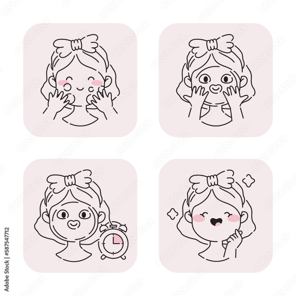 Skin Care and Applying Cosmetic Sheet Mask Icons Set. Use Facial Beauty ...