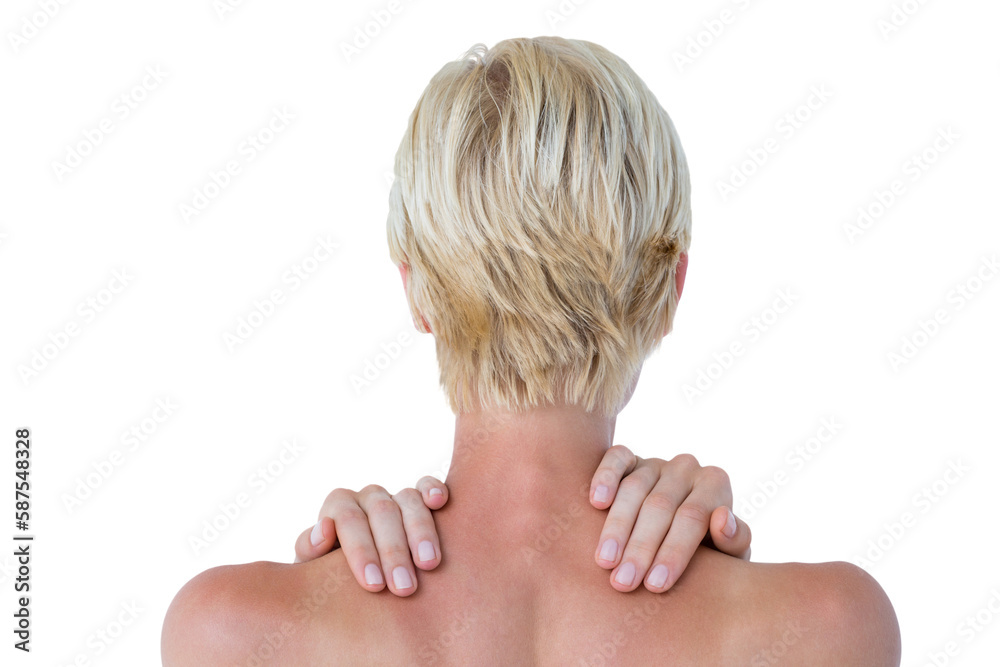 Rear view of shirtless woman having shoulder pain Stock Photo | Adobe Stock