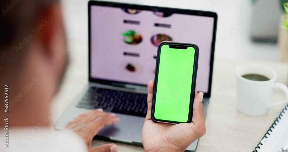 Phone green screen, laptop menu and man scroll on sushi restaurant ...
