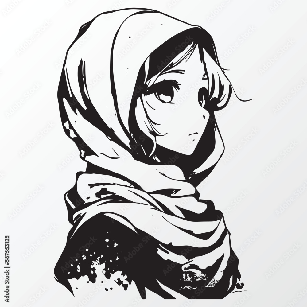 Cartoon hijab young girl character sketch in anime style Stock Vector ...