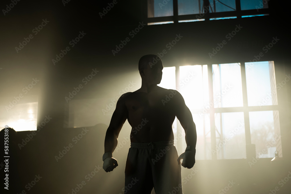 Professional male boxer standing in the gym and posing on camera ...