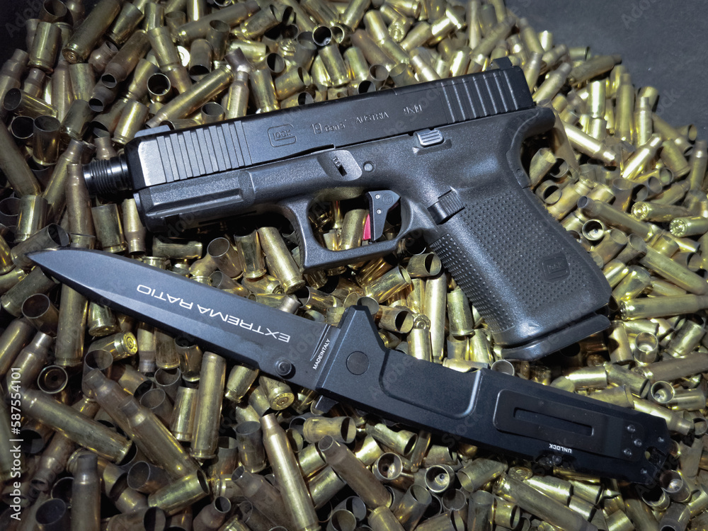 Baltic States, March 2023. Firearms and cold steel. Glock 19 pistol ...