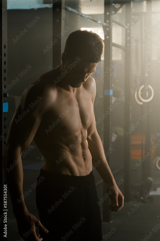 The torso of an attractive male body builder on gym background ...