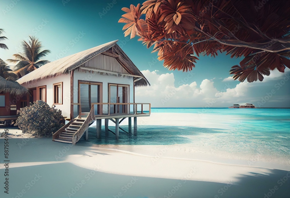 Maldives beach resort illustration. White sea, ocean, maldivian ...