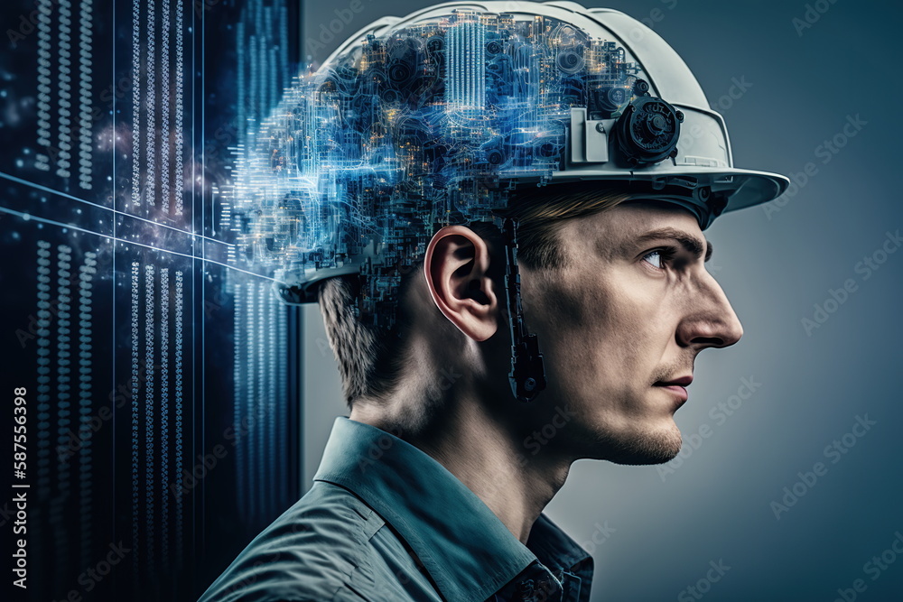 Data computing engineering concept. Engineer with helmet double ...