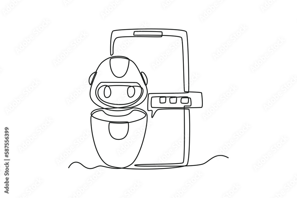 Single one-line drawing of a chat robot greeting on a cell phone ...