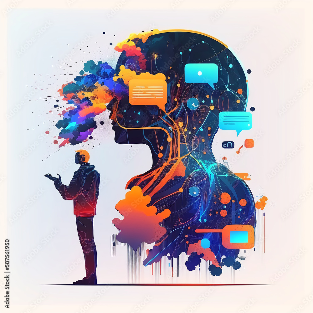 Artificial intelligence in humanoid head with neural network thinking. AI with Digital Brain is ...