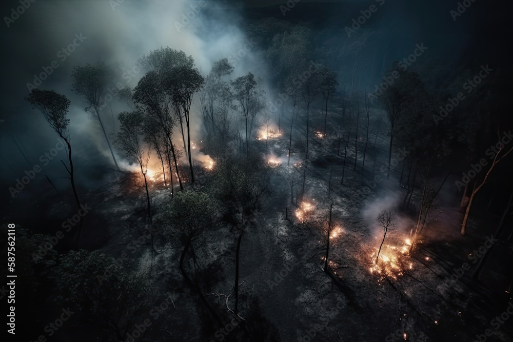 Forest fire disaster, trees burning at night, wildfire nature ...