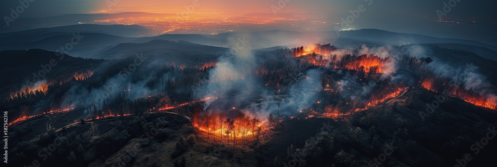 Forest fire disaster, trees burning at night, wildfire nature ...