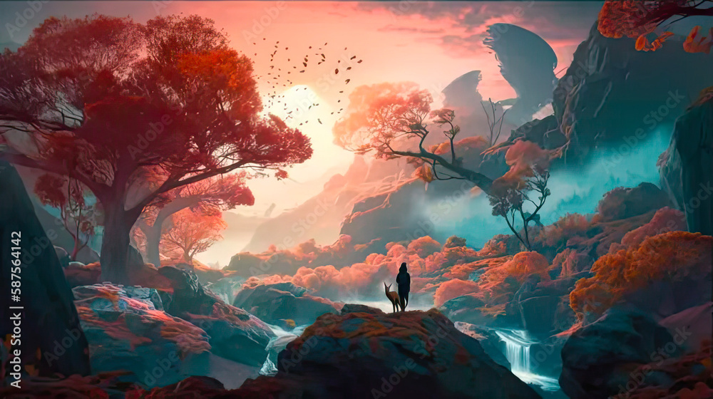 Fantasy fairytale landscape with mythical creatures Stock Illustration ...