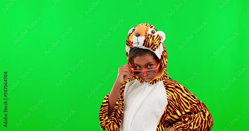 Tiger dress up and child face with green screen in a studio feeling ...