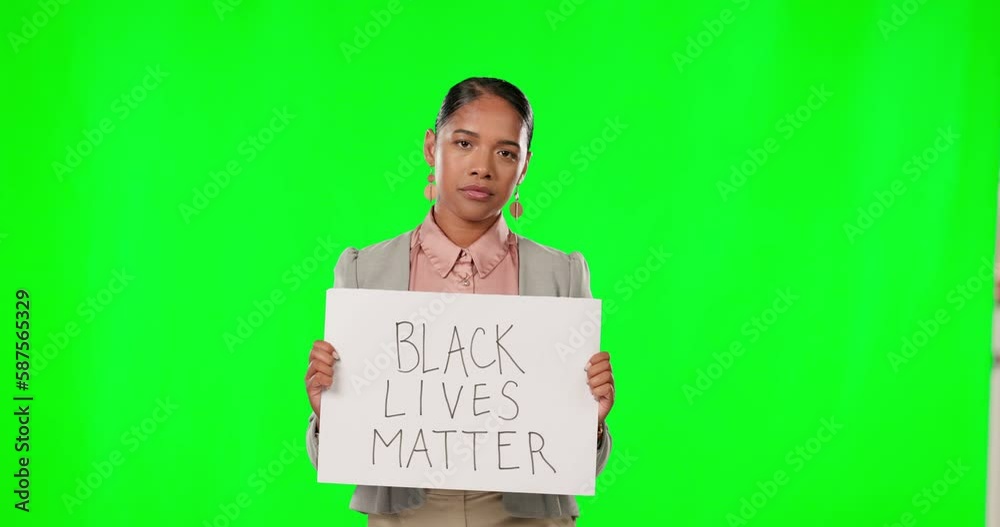 Black lives matter, woman face and green screen with protest sign for ...