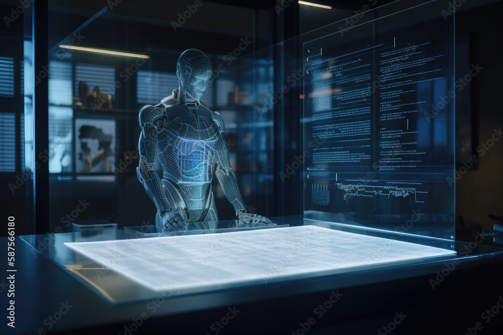 a man standing in front of a computer screen with his back turned to ...