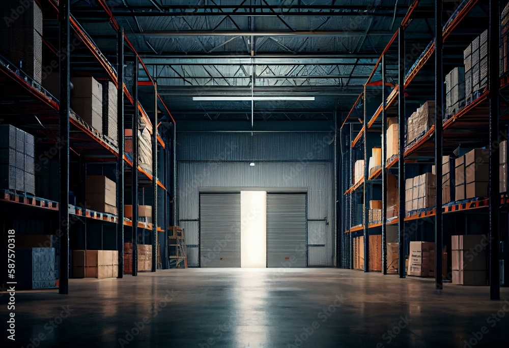 Empty warehouse. Storage room panoramic view. Three-tier warehouse ...