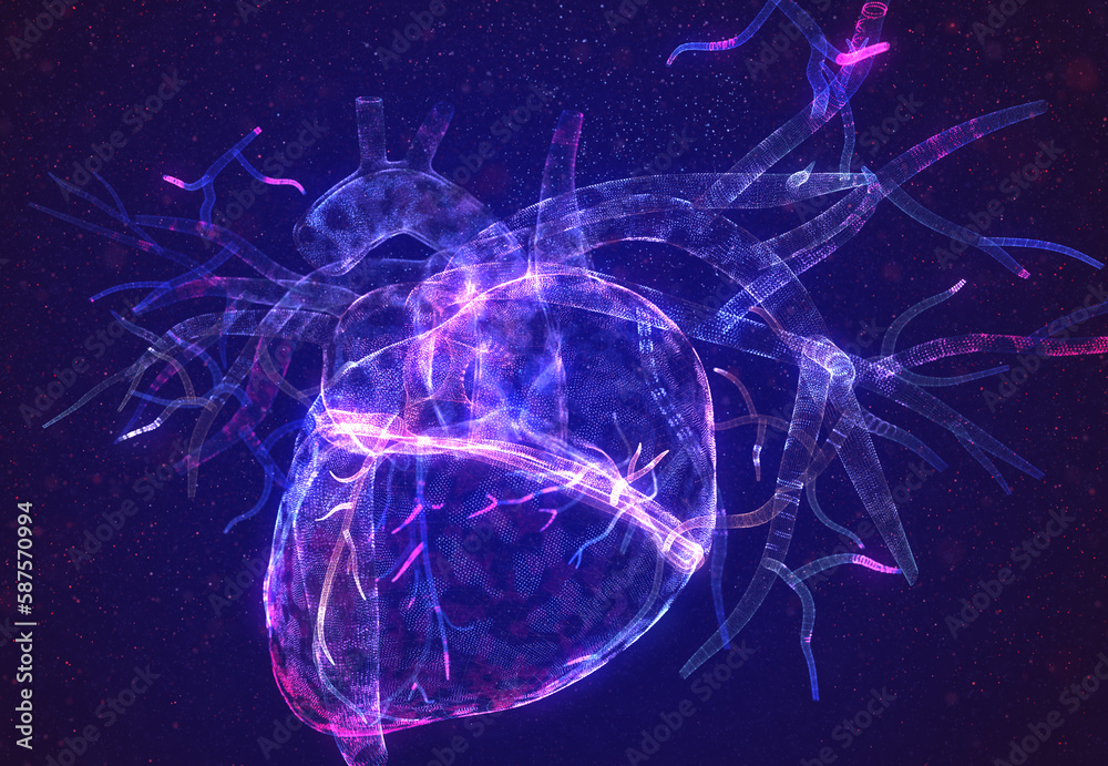 Glowing human heart made of neon particles. Bright magic heart health ...