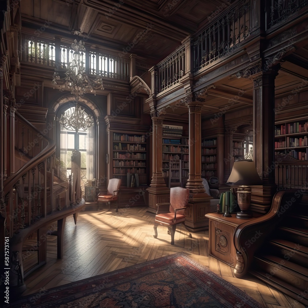 Ancient stately home interior with a beautiful library and club sofas ...