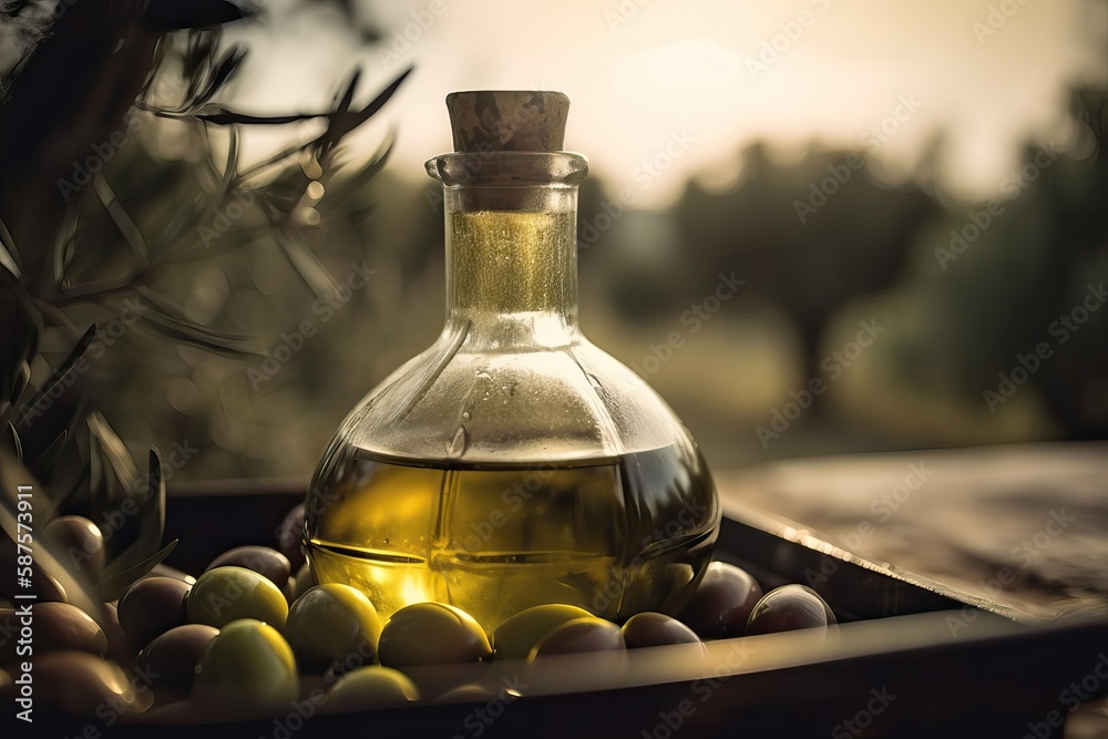 olive oil surrounded by olives, aesthetic image, generative ai Stock ...