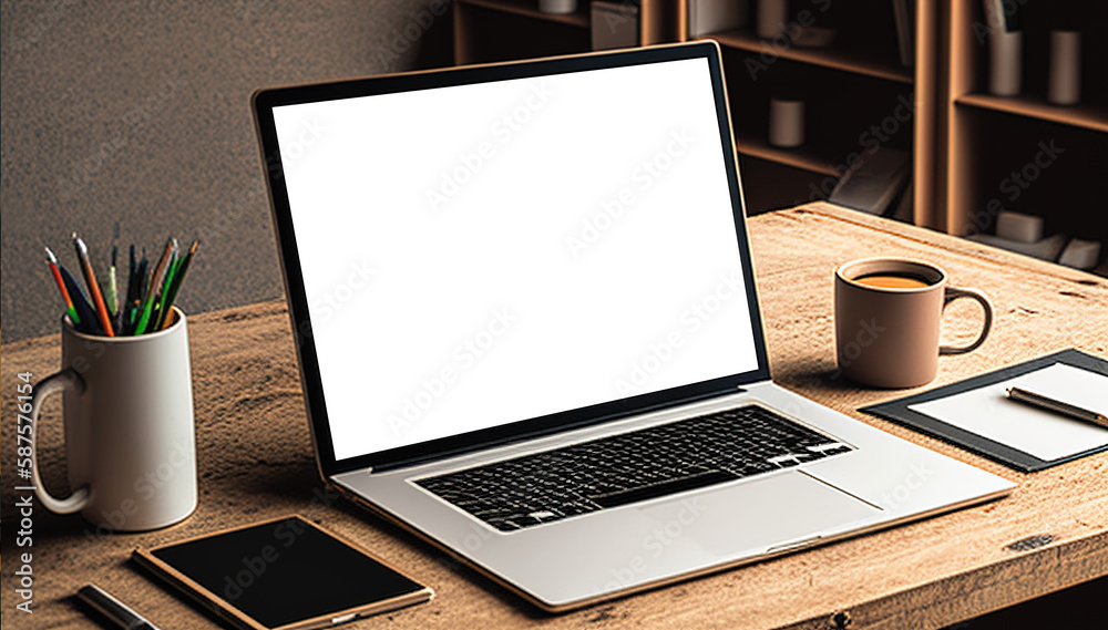 Laptop computer mock-up with cut out screen on background of office ...