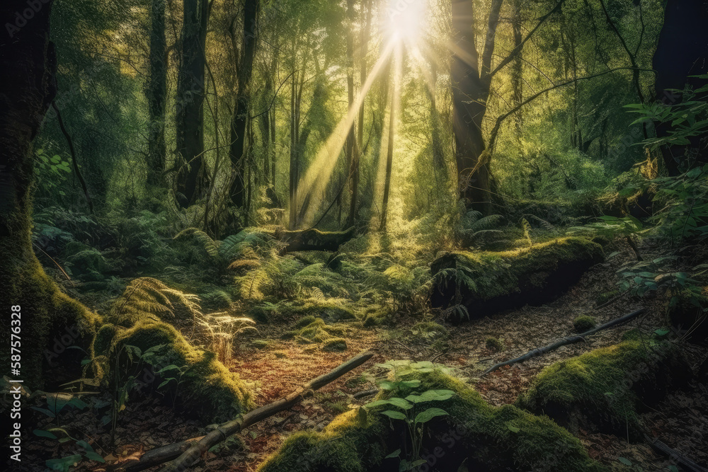 Beautiful rays of sunlight in a green forest. Fantasy mystical mossy ...