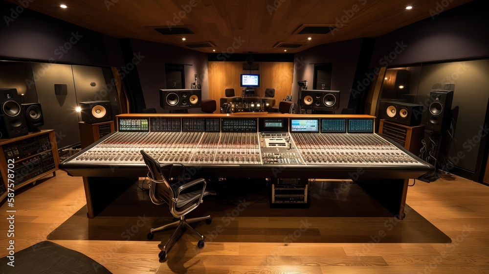 A fully equipped recording studio with a giant soundboard, audio ...