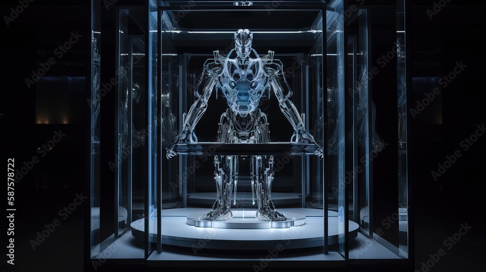 A towering, menacing steel robot on display in a gallery, boasting ...