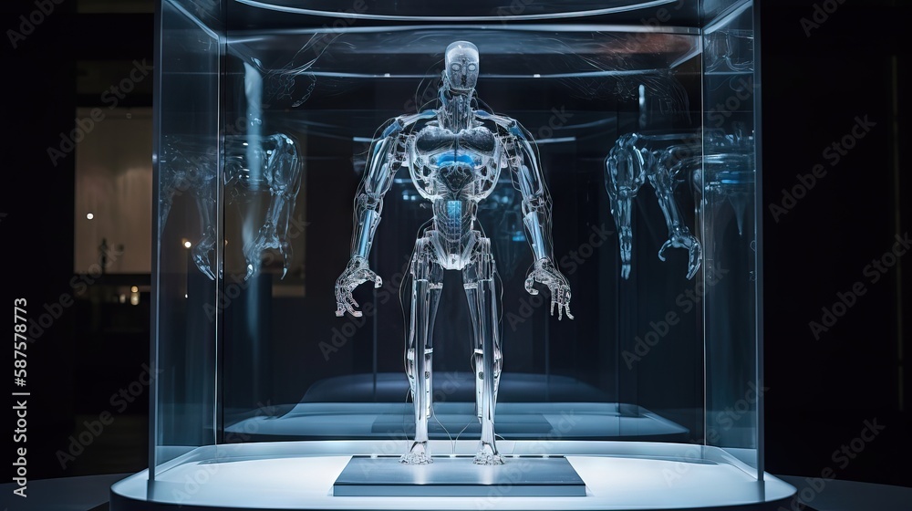 A towering, menacing steel robot on display in a gallery, boasting ...