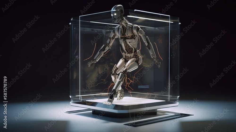 A towering, menacing steel robot on display in a gallery, boasting ...