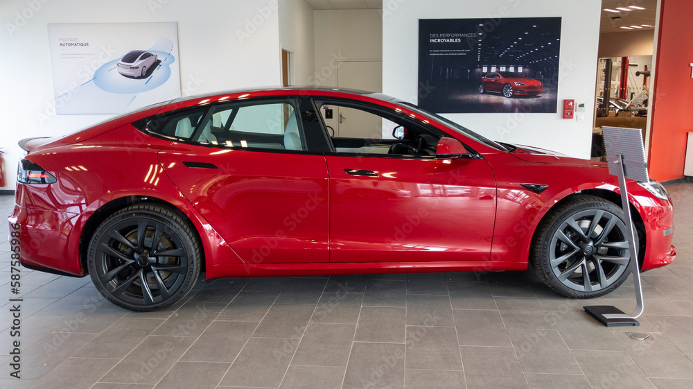 tesla Model s car side view of new modern electric vehicle inside ...