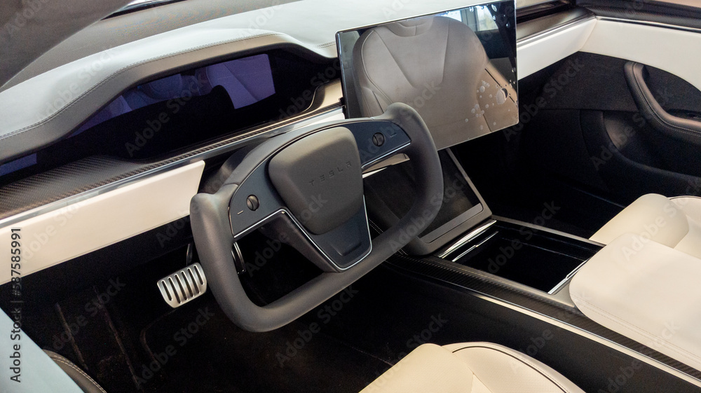 Tesla Model y new electric car interior with large touch screen tablet ...