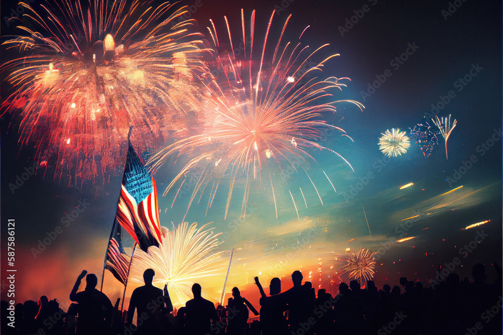 fireworks in the night sky with people holding up an american flag and ...