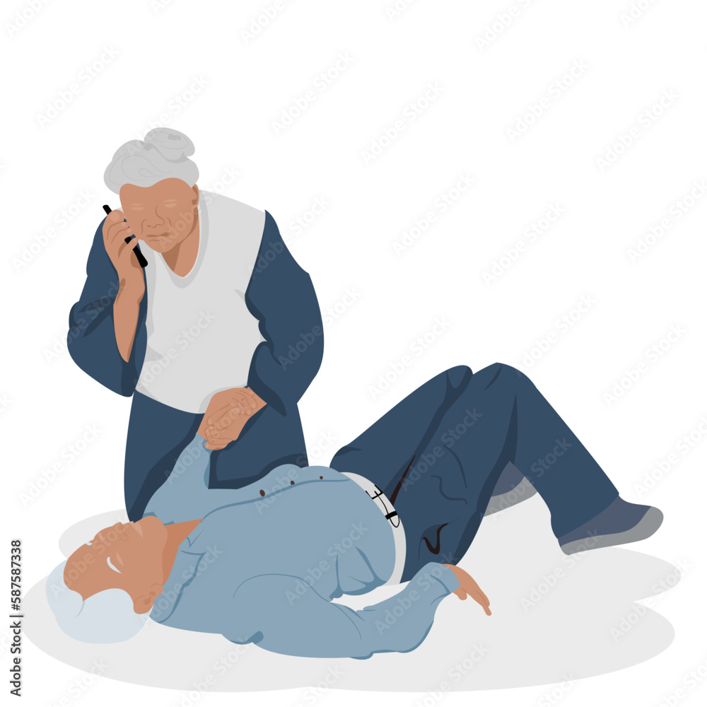 Old woman is calling emergency and taking care and Old man falling ...